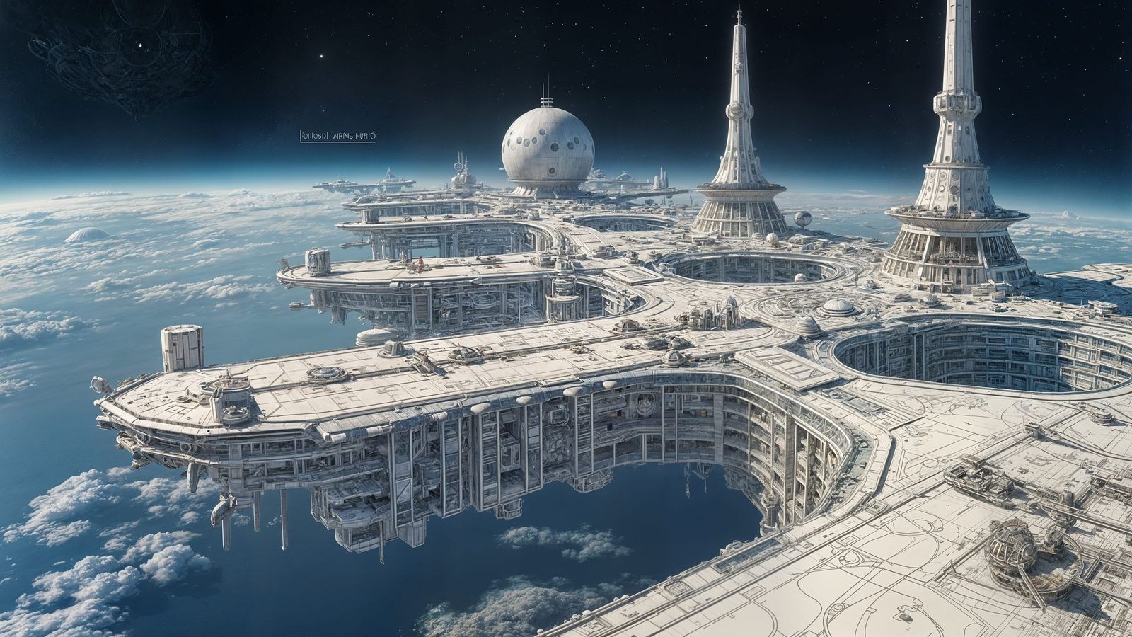 futuristic space station, exoplanet, predominantly white and metallic