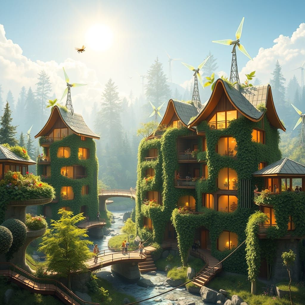 Solarpunk Eco-Village in Vibrant Forest Clearing - AI Art