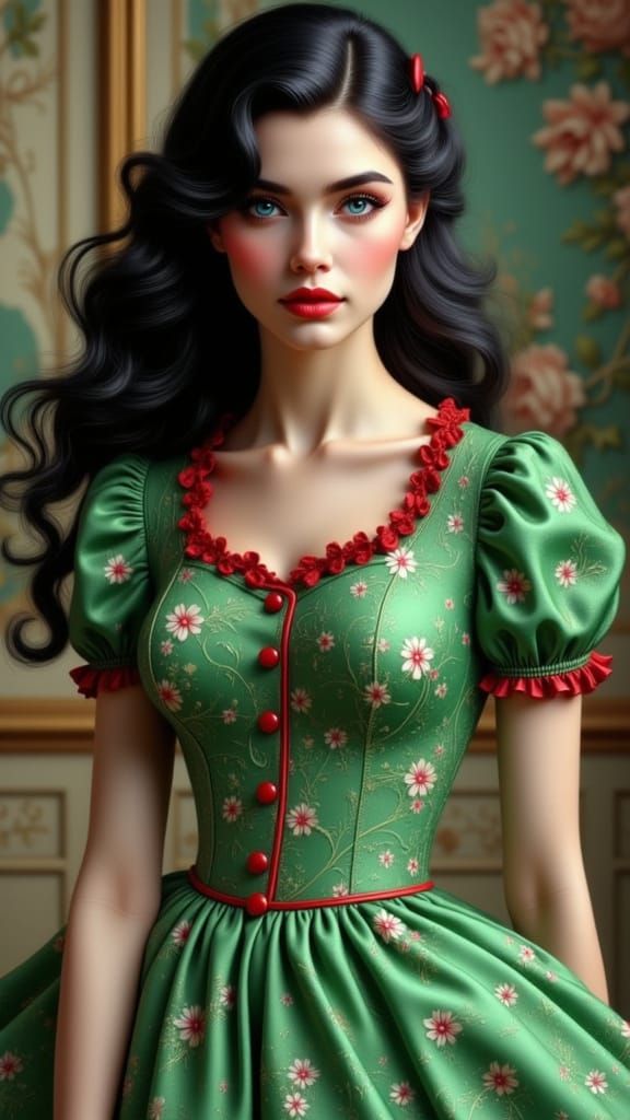 a model with long wavy black hair with a wid...