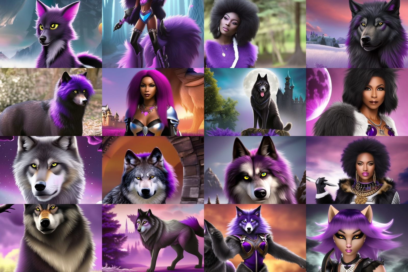 Black female or male Wolf furry with purple hair and eyes in an fantasy ...