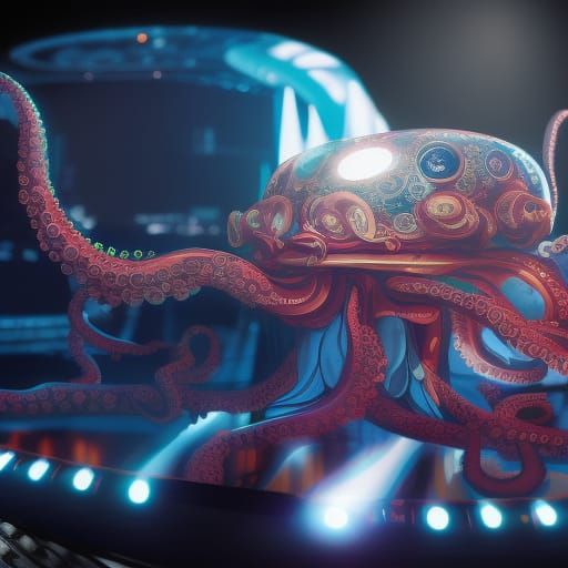 A Cyborg Octopus DJ spinning multiple Turntables at a Fantastic Jubilee ...