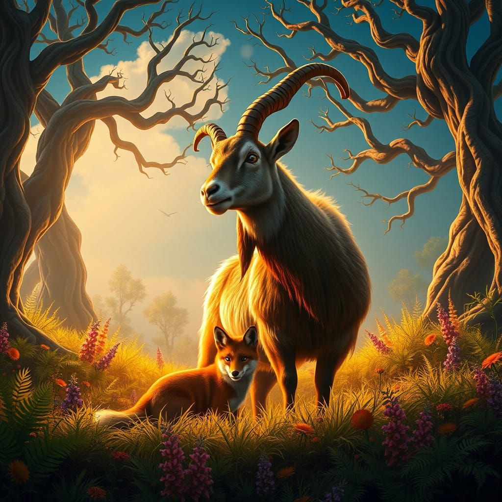 Regal Boer Goat and Fox in Whimsical Woodland - AI Art