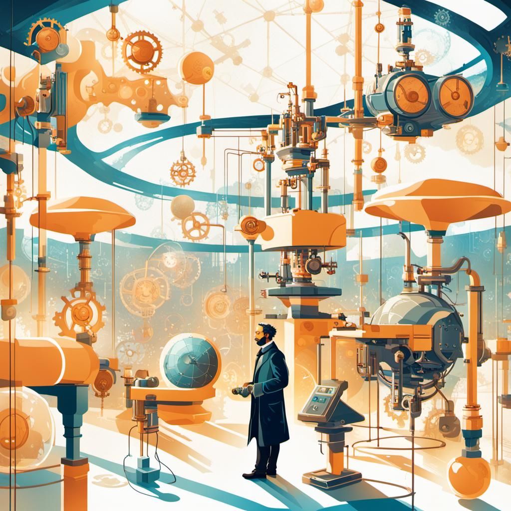 An artistic illustration of a scientist in a high-tech science lab ...
