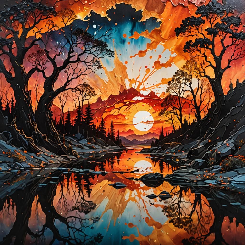 Detailed sunset impasto painting. Fantasy, mythological, dynamic poster ...