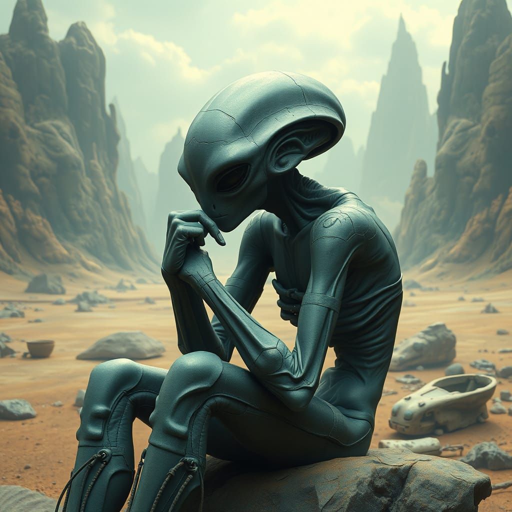 Alien Contemplation: Homage to Rodin's The Thinker - AI Art