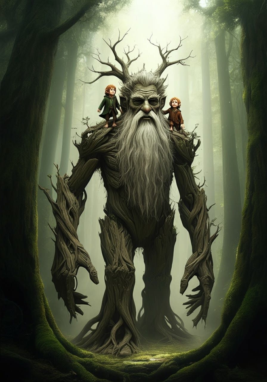 Treebeard in Fangorn Forest with Merry and Pippin.