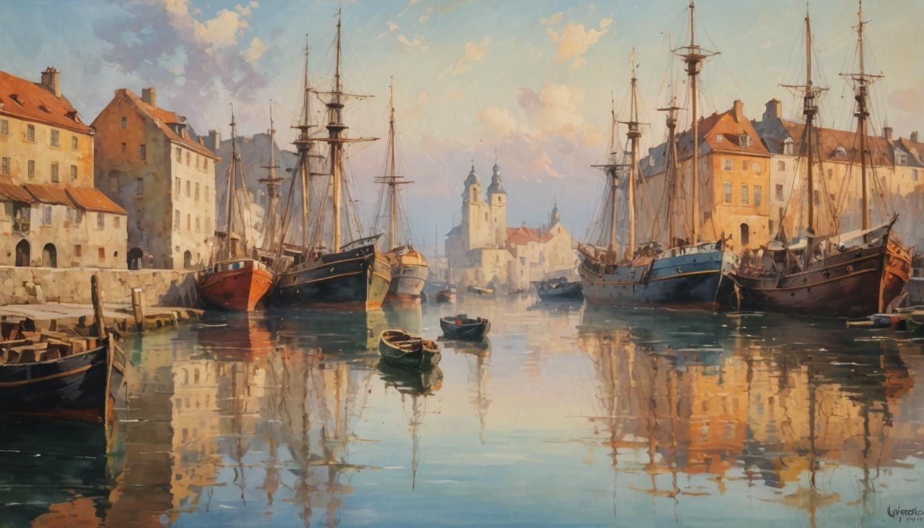 Impressionism painting of a harbor with old ships docked, from a low ...