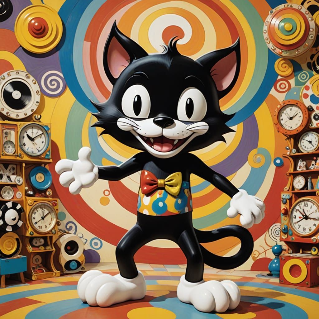Tick Tock Kitty - Whimsical Cartoon Kitty in a Dreamlike Set...