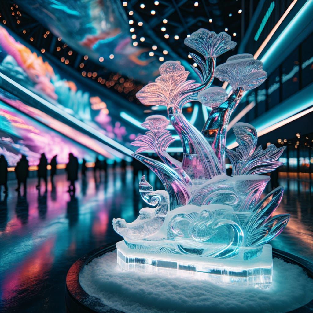 Glowing Ice Sculpture Display with Vibrant Neon Li... - AI Art