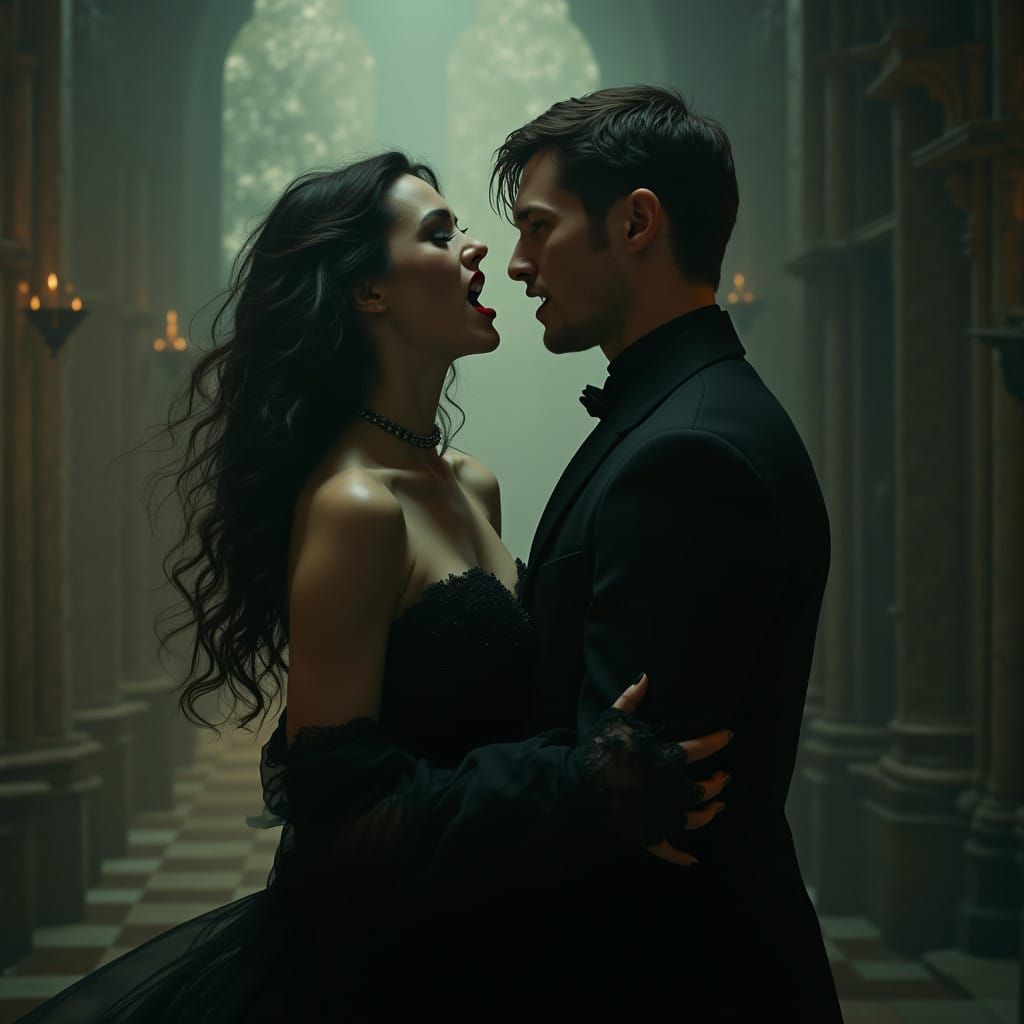 Elegant Vampire Bites in a Dark, Gothic Cathedral - AI Art