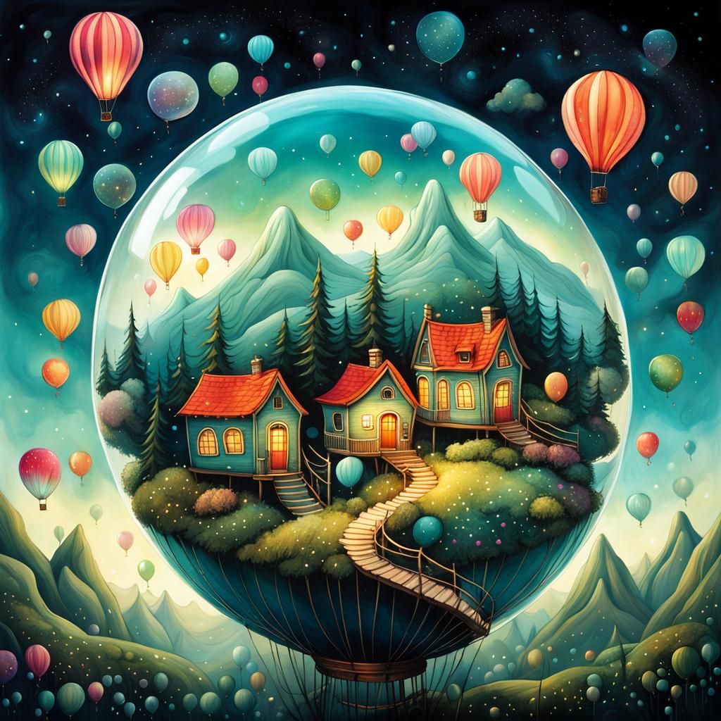 A fantasy world landscape of hills and forest, cute little houses, tiny ...