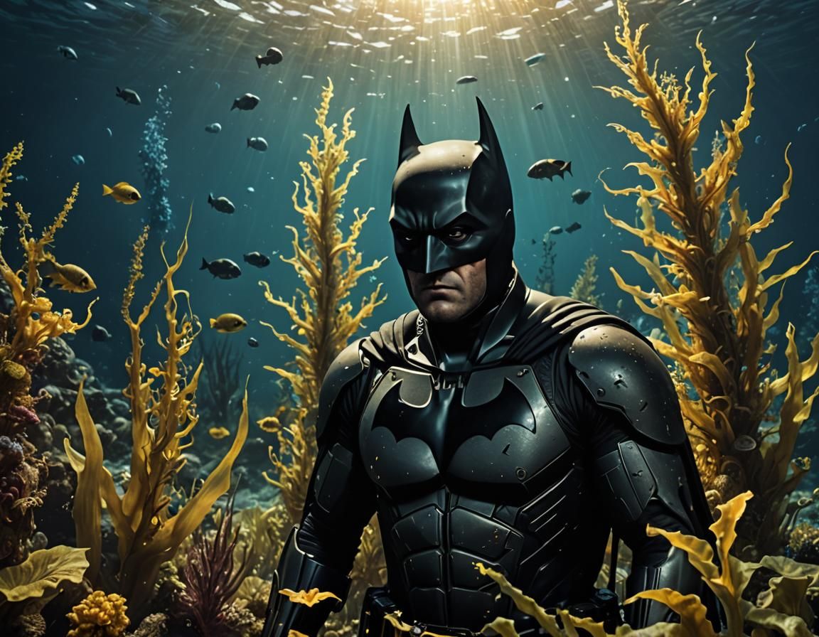 Batman in the deep sea being illuminated by bioluminiscent plants ...