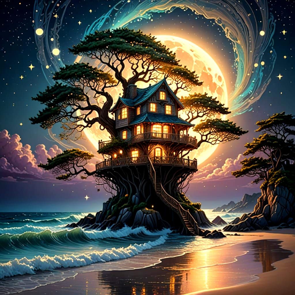 Beach Treehouse - Whimsical Treehouse on a Starry Island