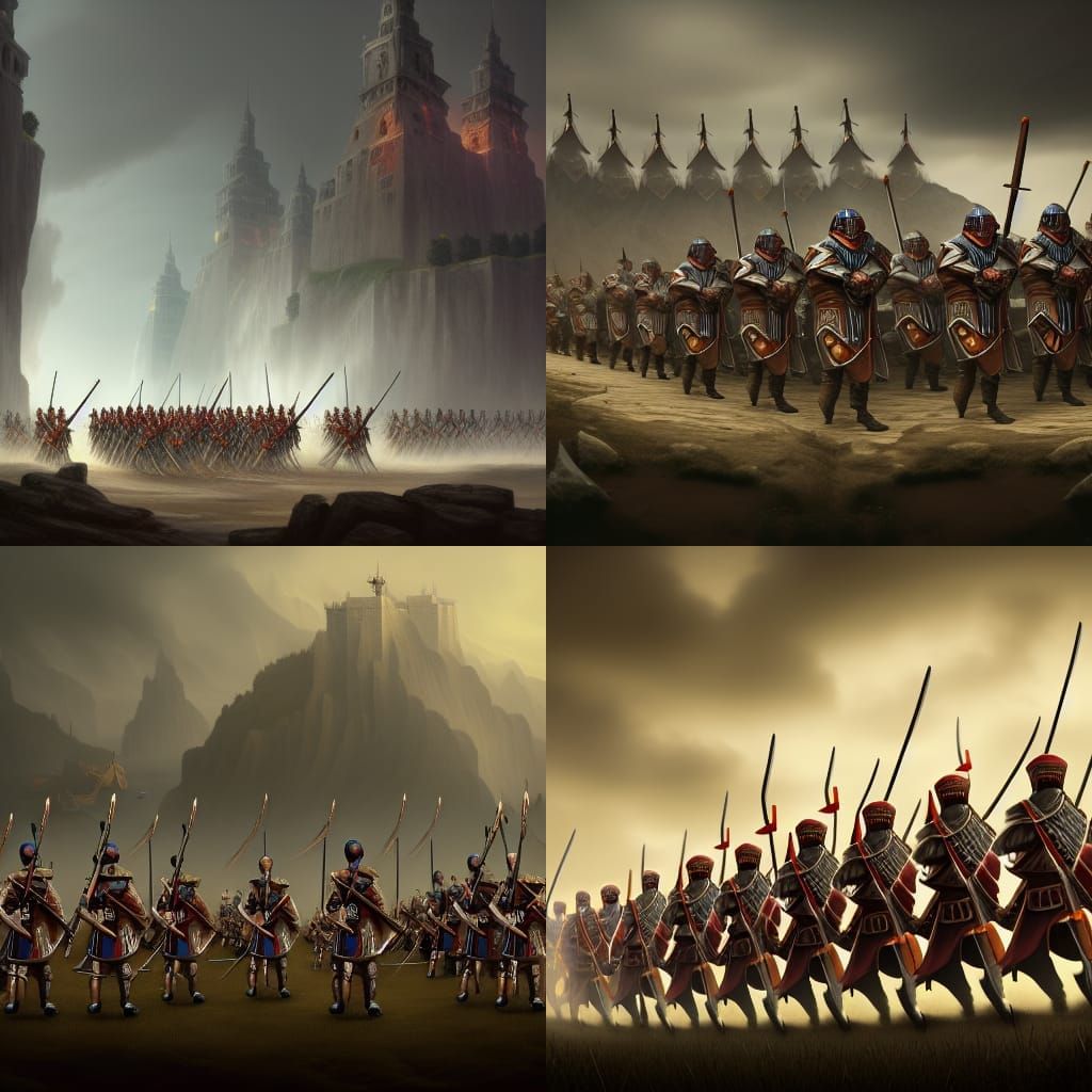 an isometric gamelike view of a group of pikemen in formation. Epic ...