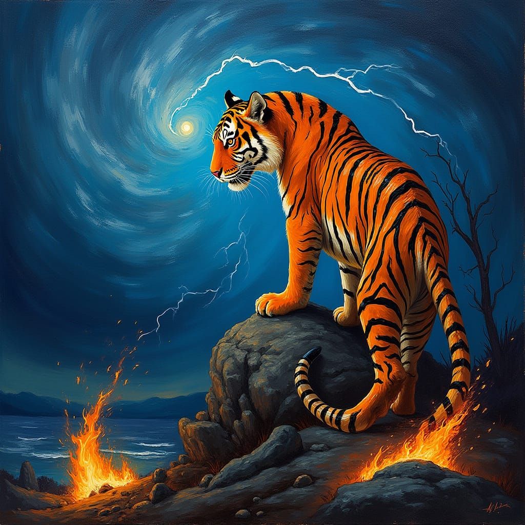 Expressive Tiger in a Psychedelic Thunderstorm, In... - AI Art