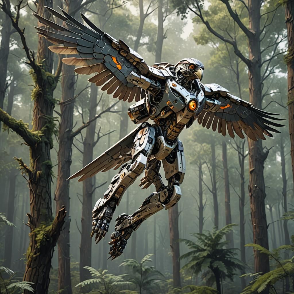 cyborg falcon with bird like wings and body flying over a forest ...