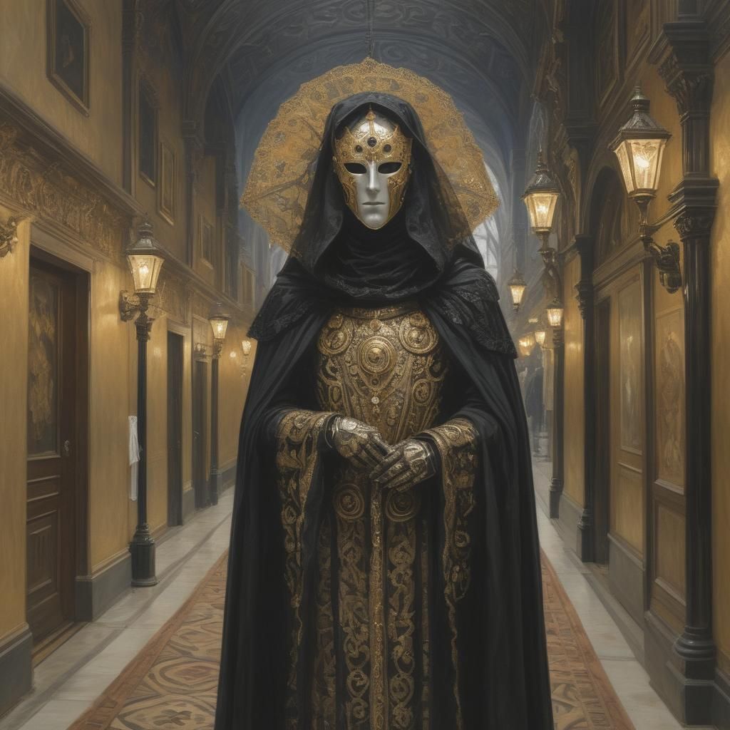 art by James Tissot, indistinct holy knight paladin figure concealed ...