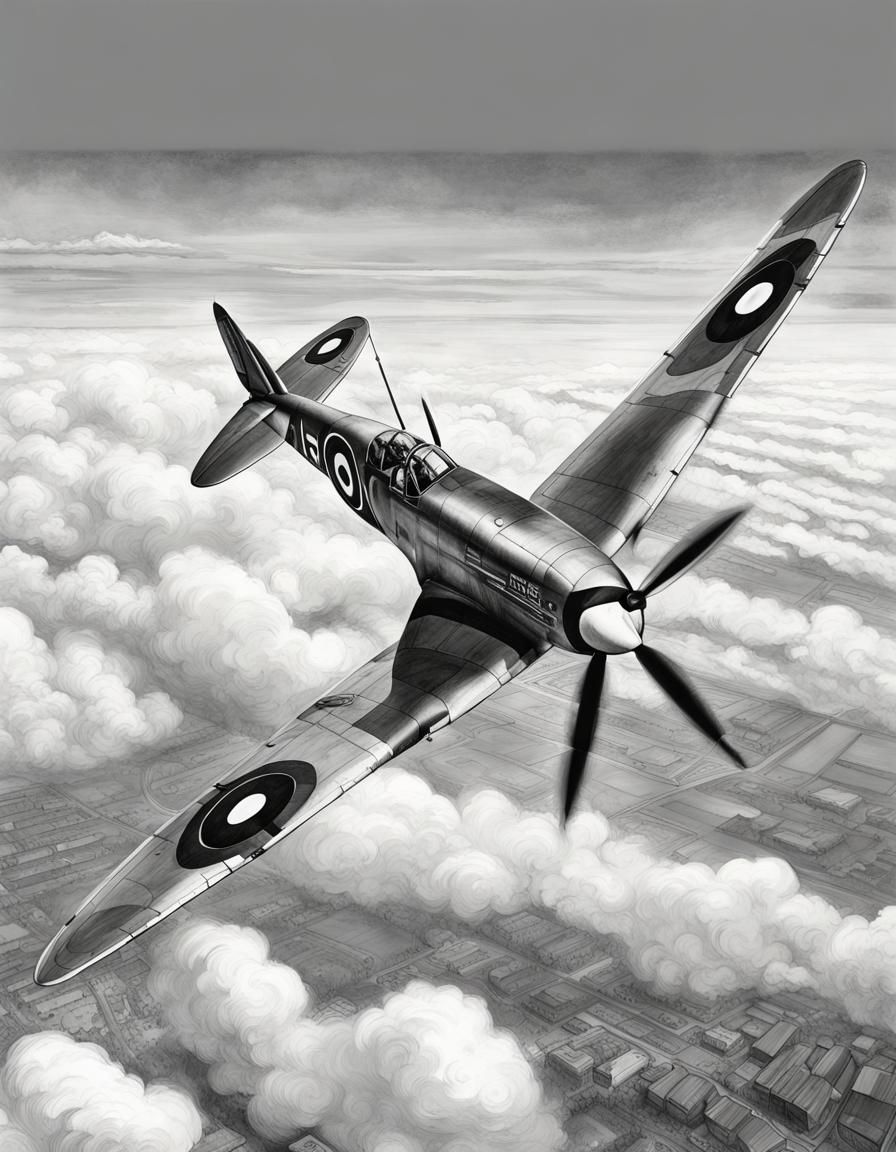 "Graphite; black and white with line drawing; Supermarine Spitfire ...