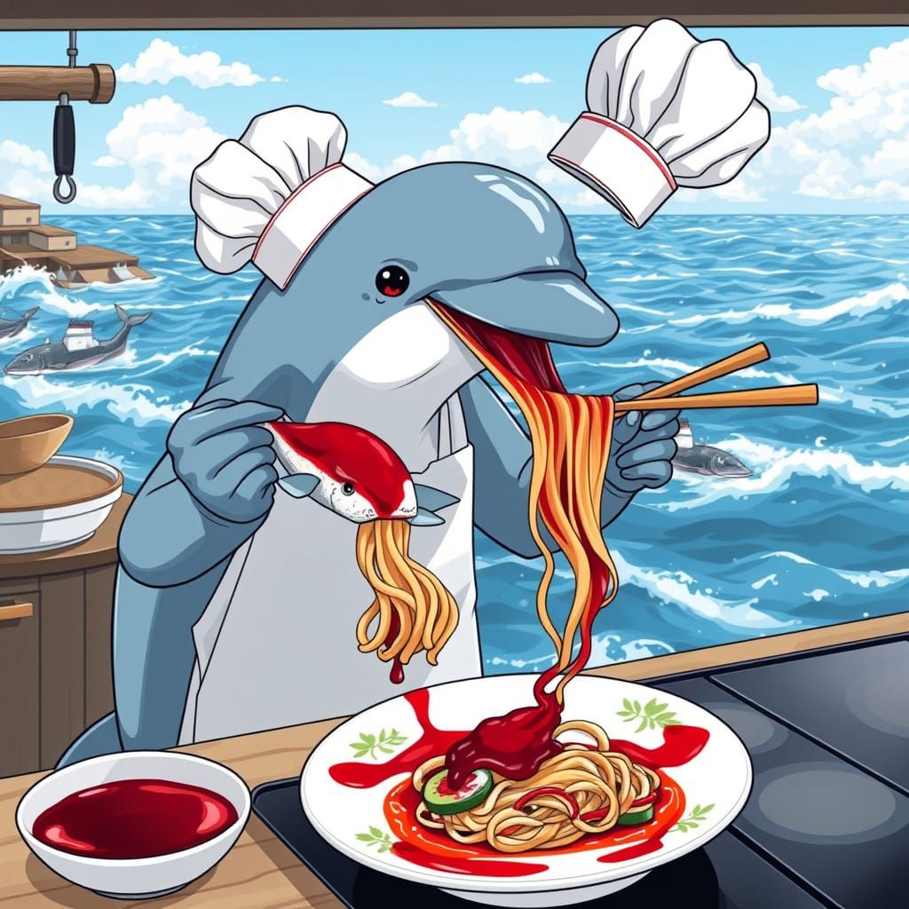 Dolphin Chef Serves Up Sushi-Style Fish Noodles in... - AI Art