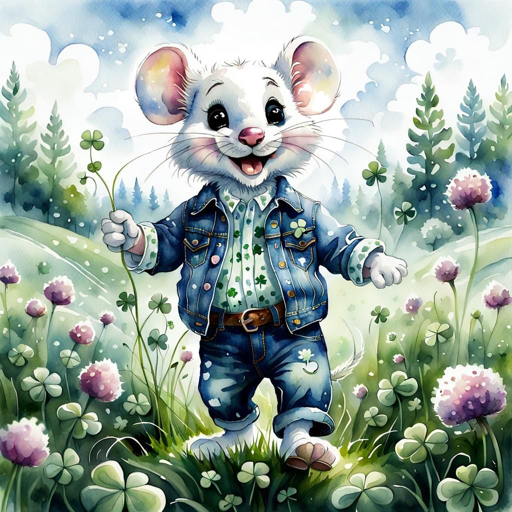 Lucky mouse in a field of fourclover