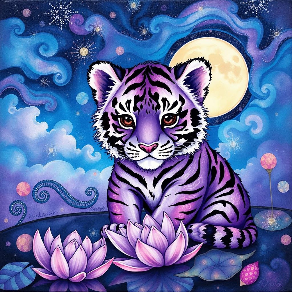 Young Kitty - Dreamy Whimsical Tiger Cub in Moonscape Galaxy
