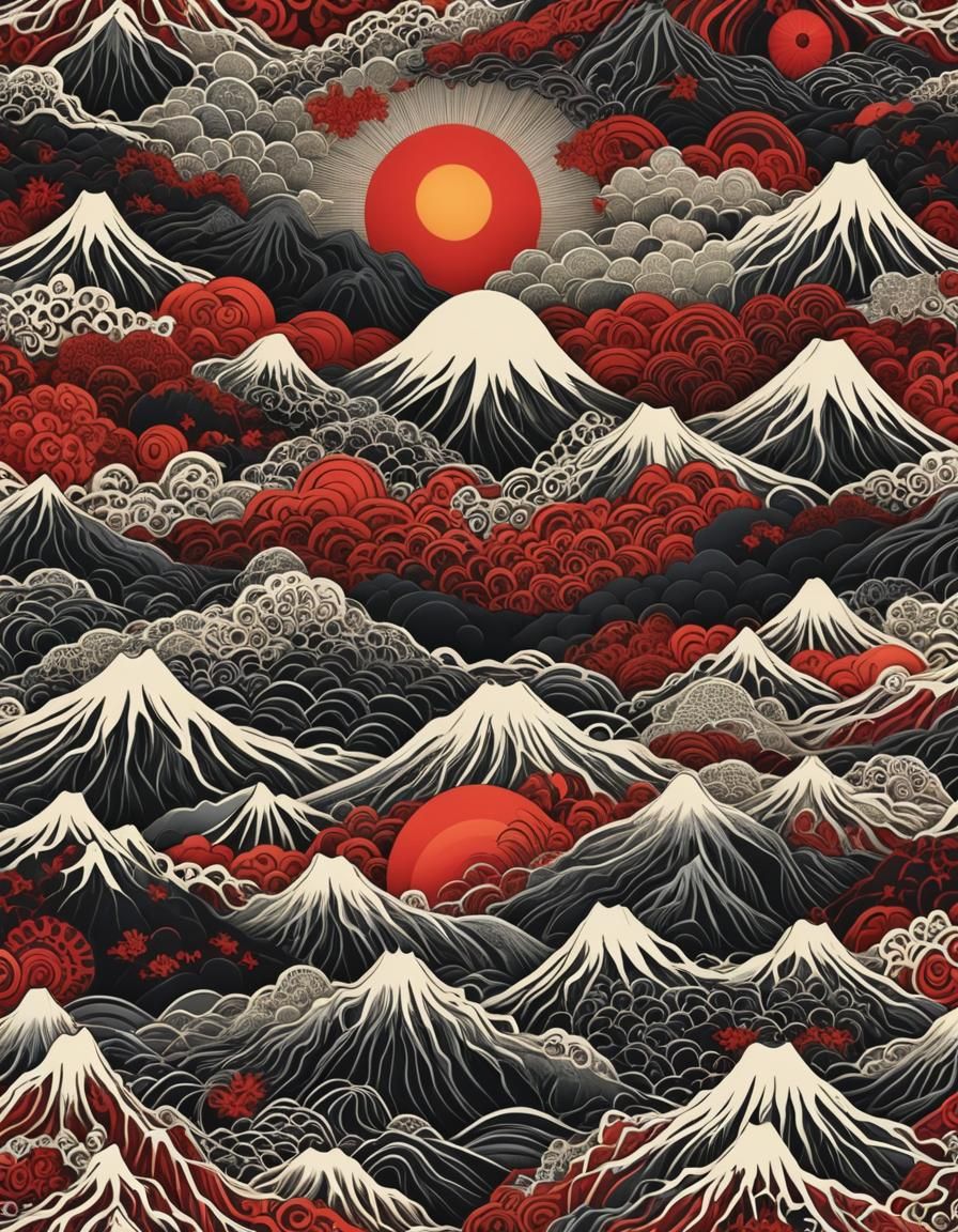 traditional japanese spooky mountain red sun - AI Generated Artwork ...