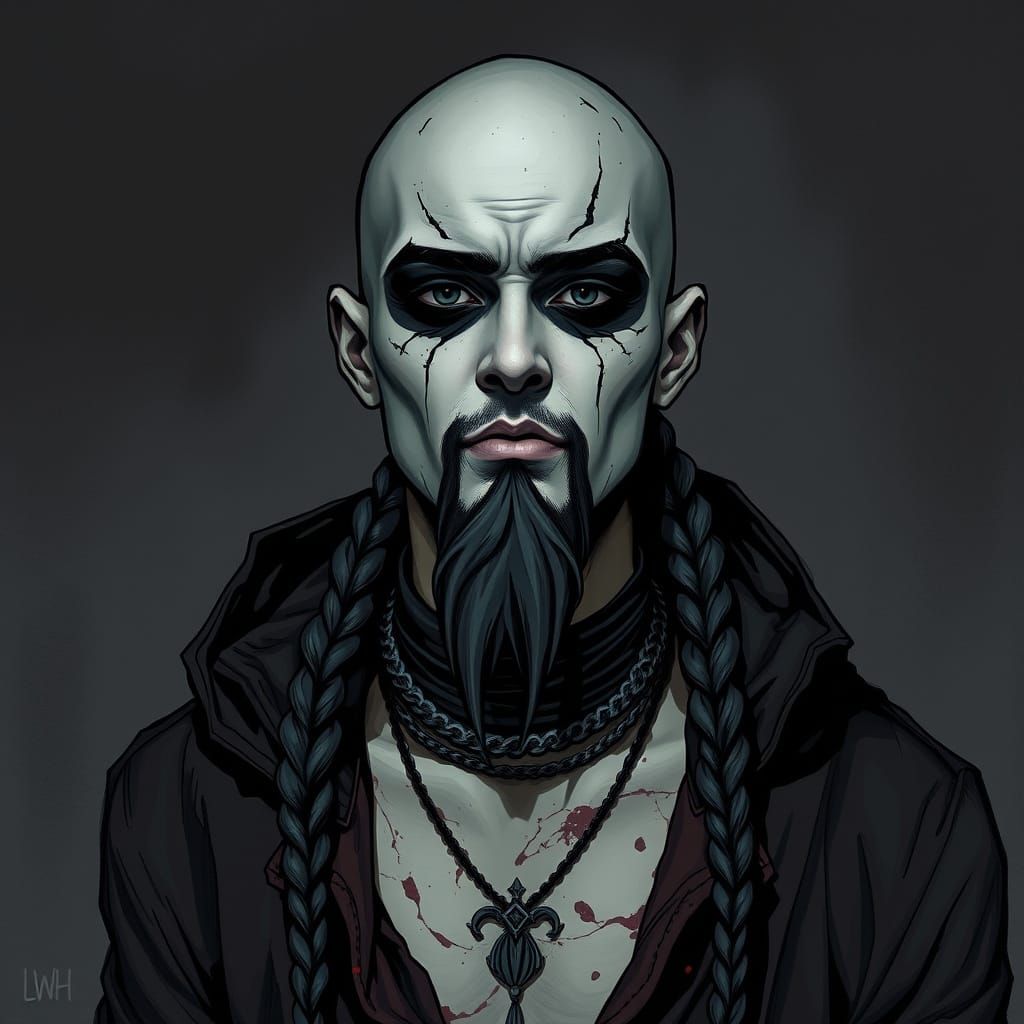 Gothic Bald Man with Braided Goatee and Crow Makeu... - AI Art