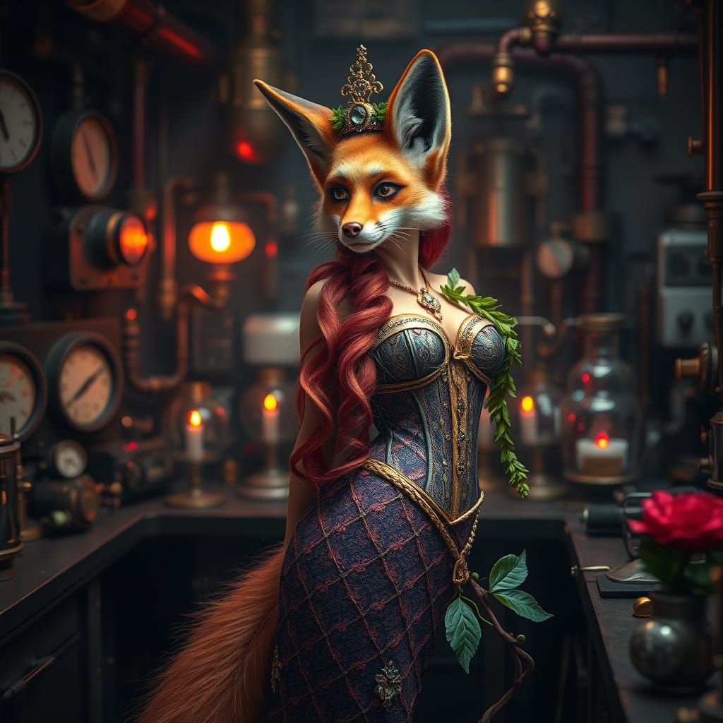Ethereal Portrait of Crimson Fox Mermaid in Indust... - AI Art