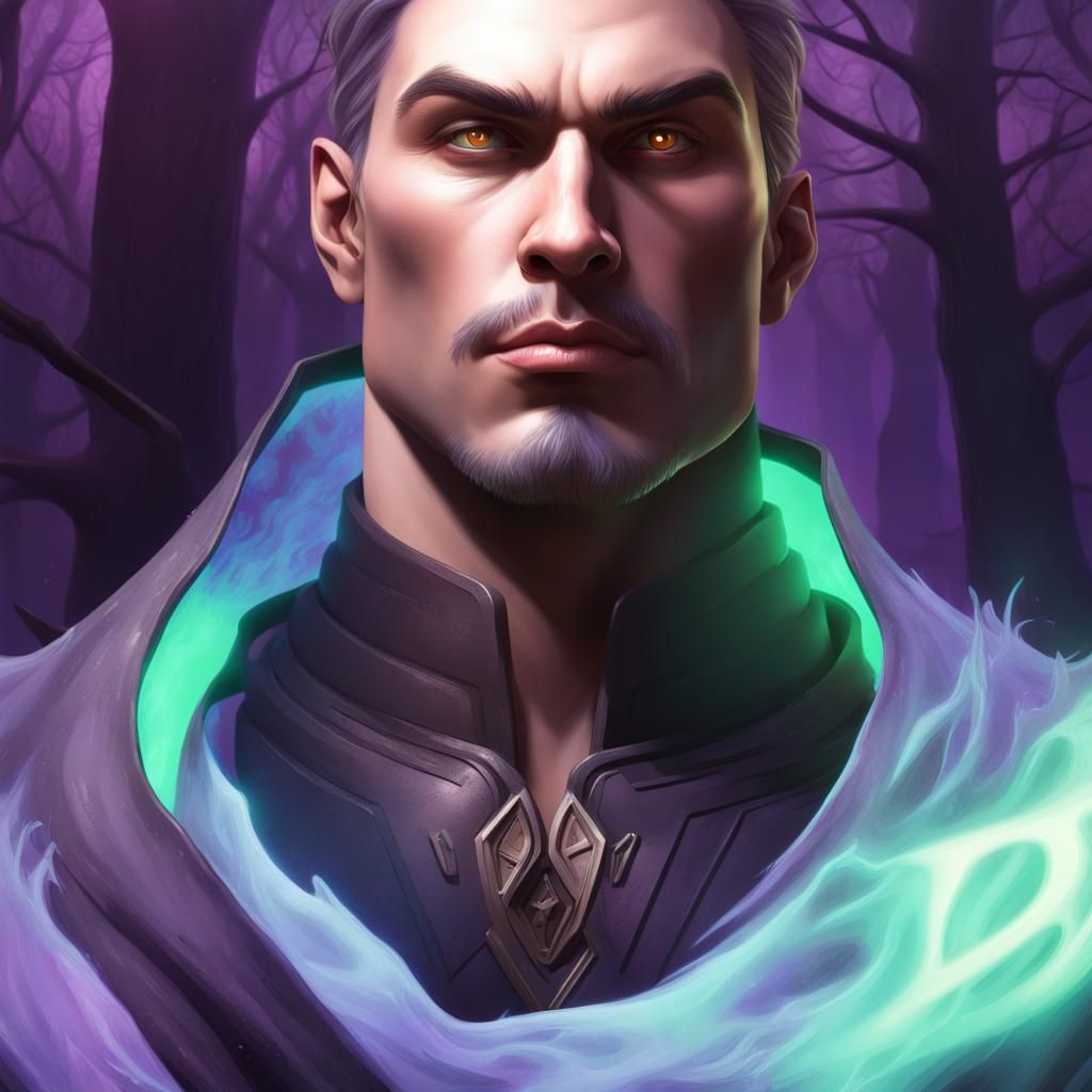 "male warlock, handsome, thick, muscular, abs, dark purple mist ...