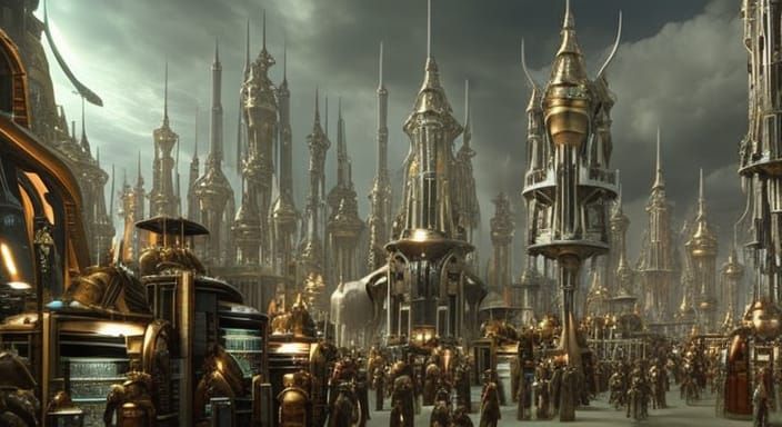 crowded sci fi fantasy bazaar, crowded golden market with many golden ...