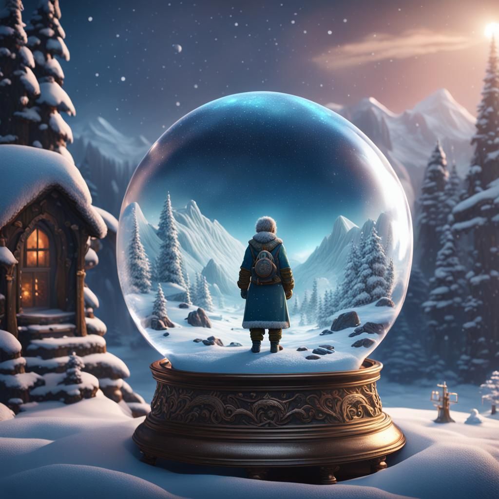 Eskimo looking at snow globe detailed matte painting, deep color ...