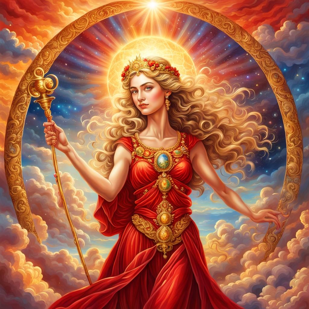 A luminous beautiful Goddess Aphrodite in a red robe with a golden ...