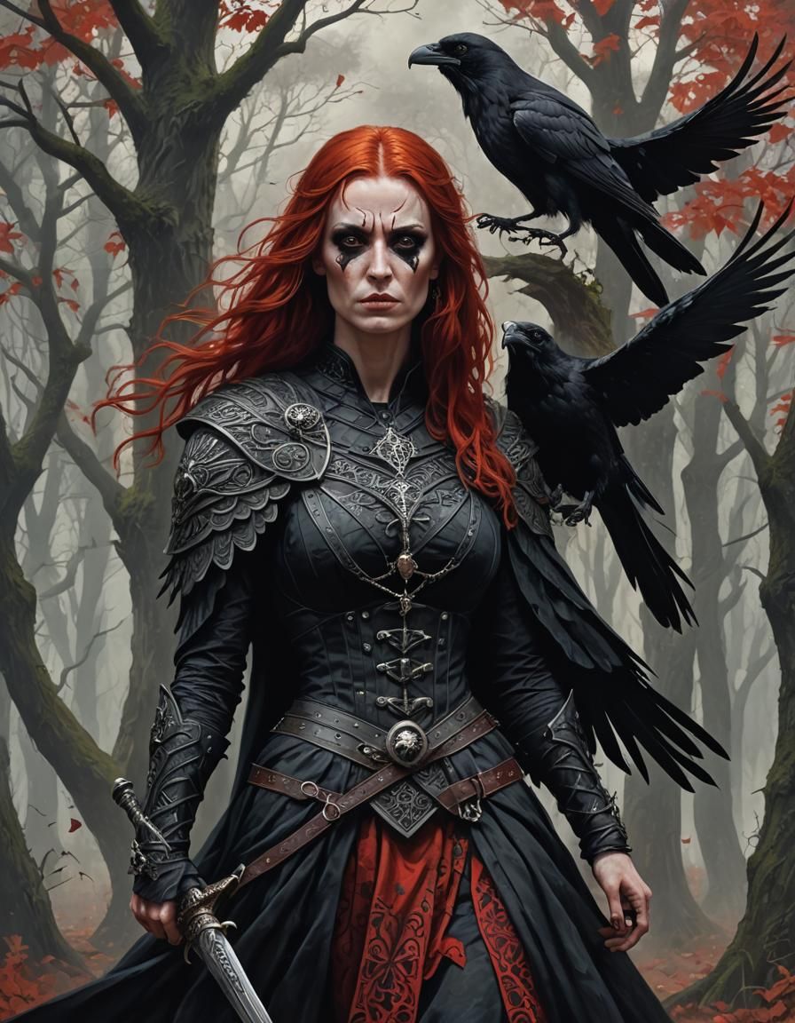 beautiful gothic celtic raven warrior woman red hair and dress spooky ...