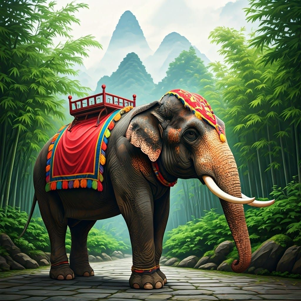 Majestic Asian Elephant in Lush Chengdu Forest - AI Art