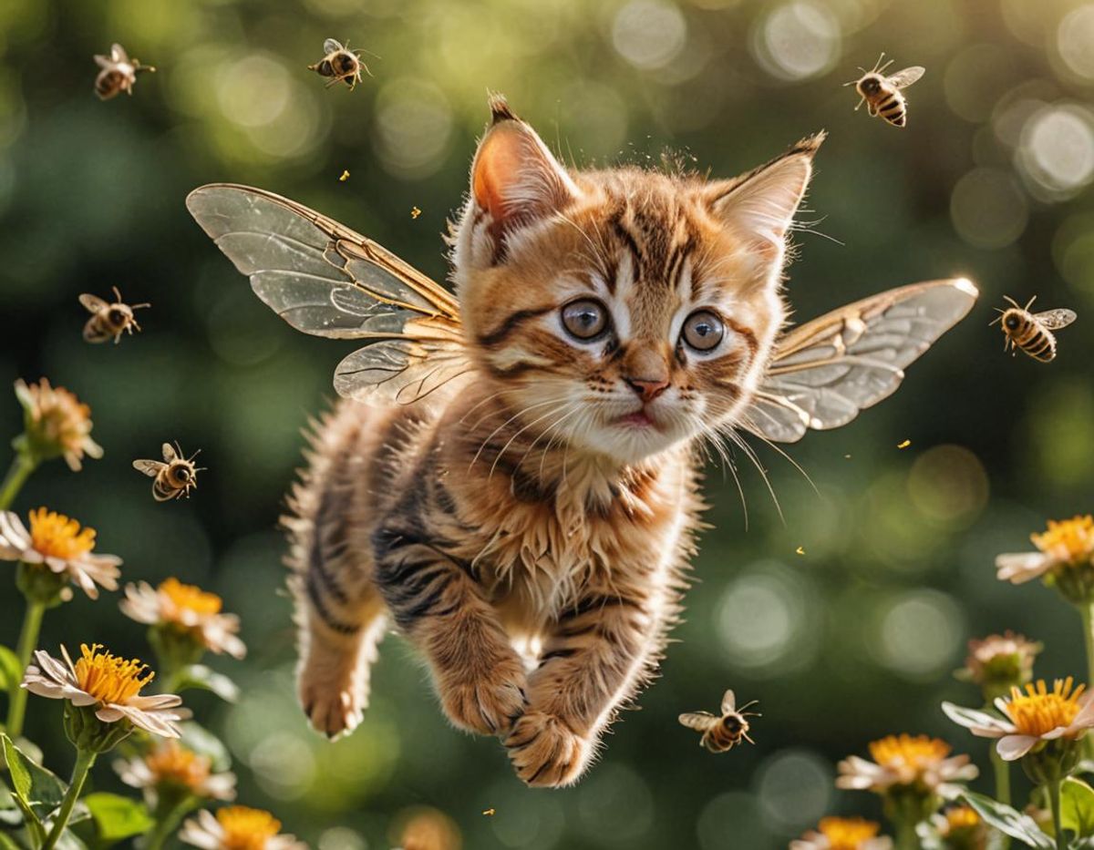 A flying bee fused with a ginger tabby kitten, small kitten head with ...