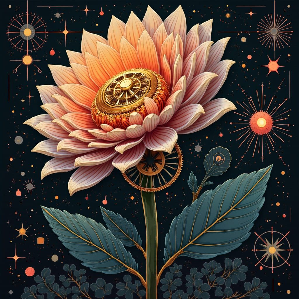 A clockwork flower unfurling its gears and petals Tim Burton Dan Mumford intricately detailed ...
