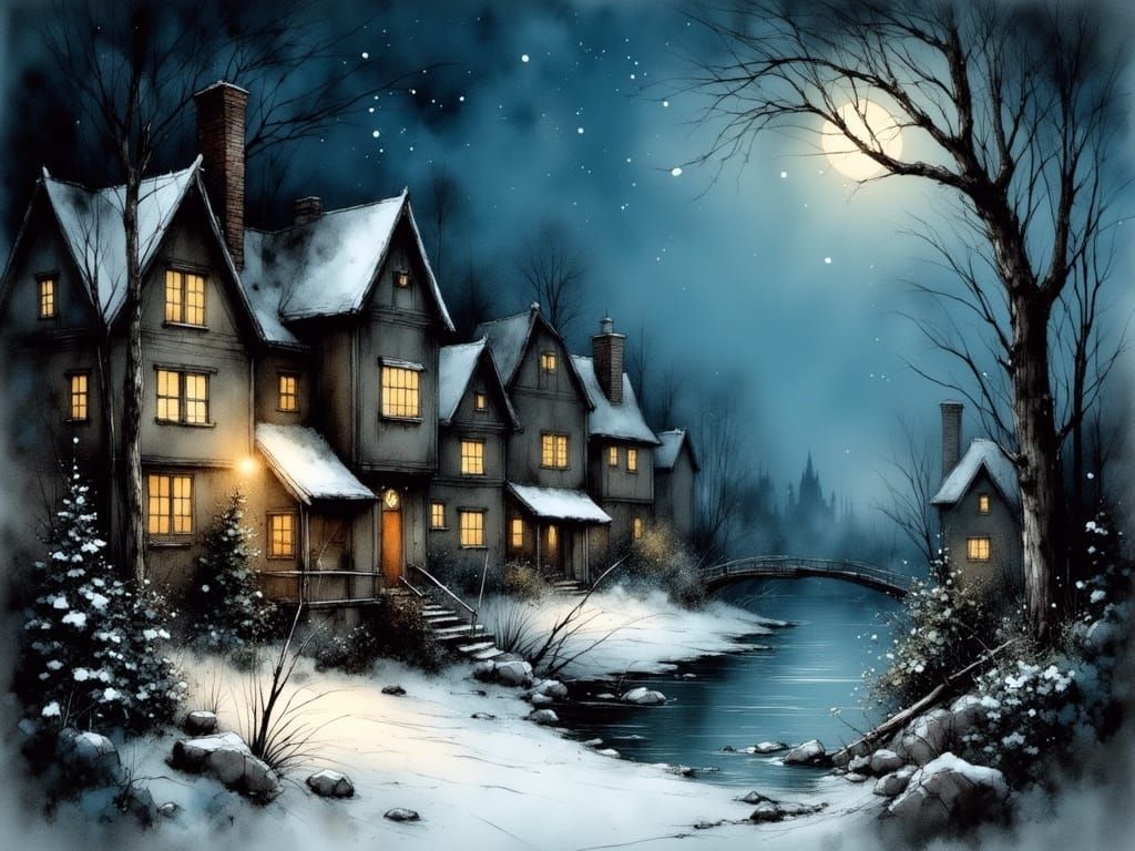 Medieval Winter Scene in Deep, Mysterious Colors - AI Art