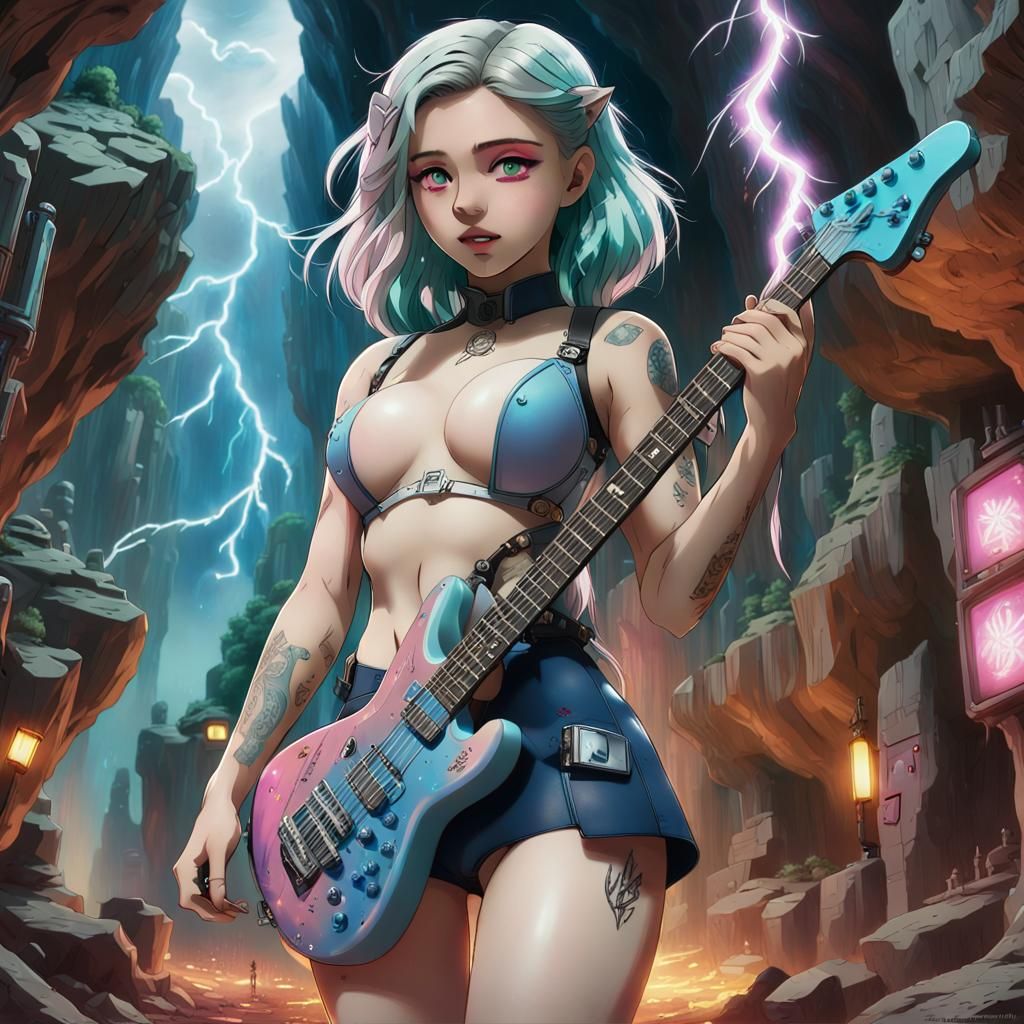 "Heavily tattooed Chole Grace Moretz mixed with Belle Delphine in skimpy cyberpunk outfit, ample ...