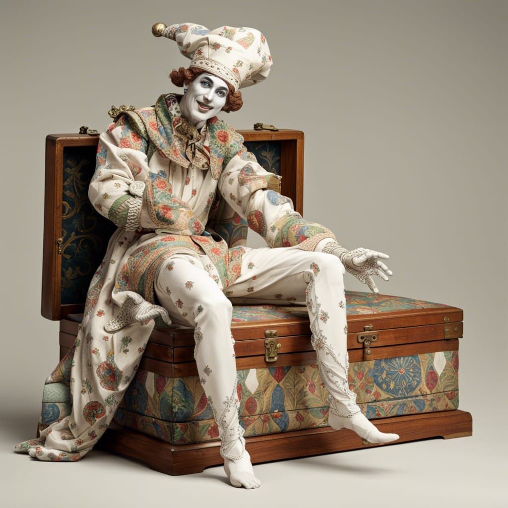 "A full-length figure of a modern jester sat on a treasure box with his ...