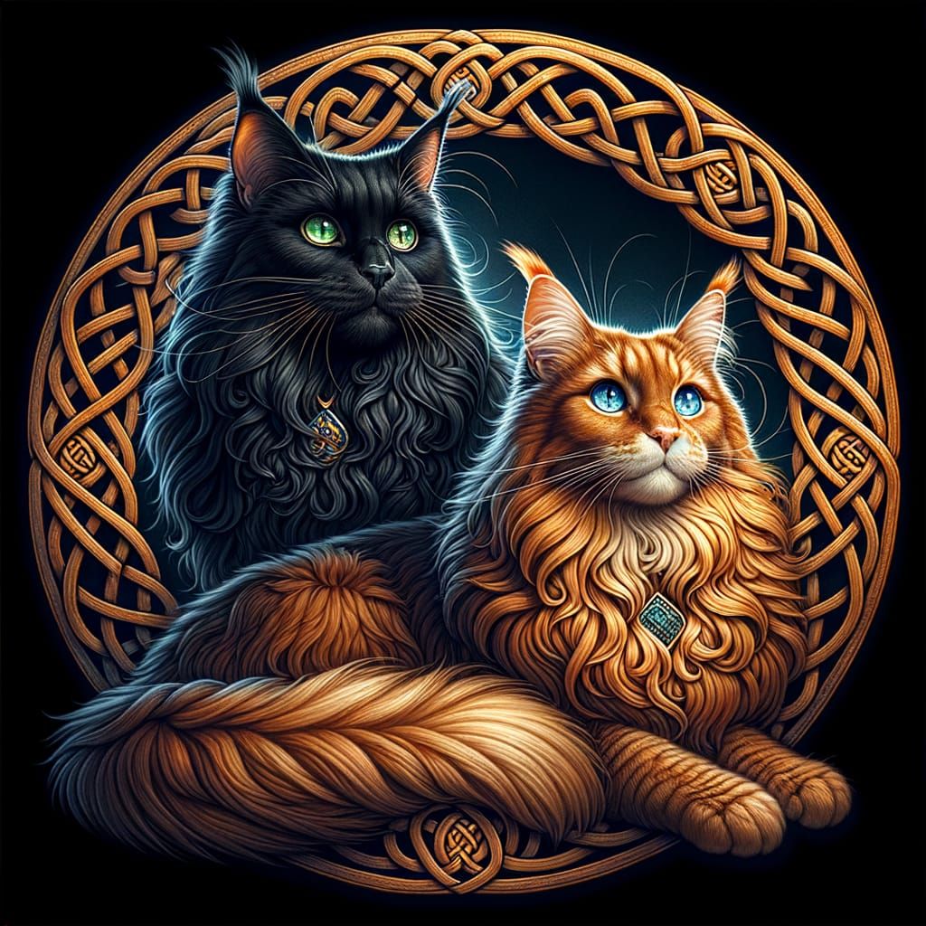 Mainecoon Cats in Celtic Knots Frame - AI Art