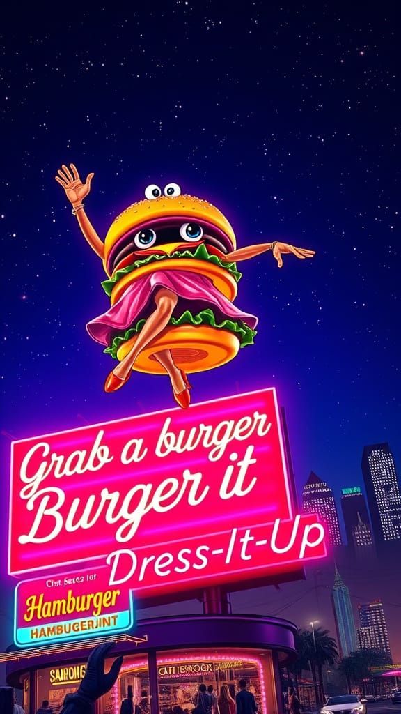 A large colorful neon lit billboard above a Hamburger joint dancing ...