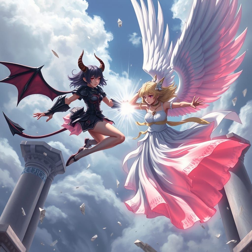 Angel and Devil Girls Engage in Epic Mid-Air Battl... - AI Art