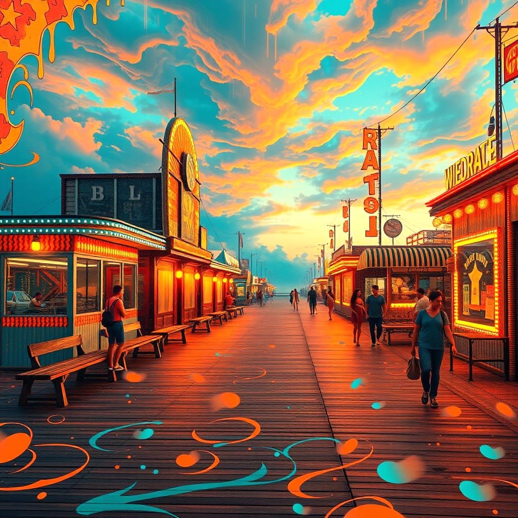 Breezy Boardwalk - Vibrant Boardwalk Scene in Triadic Colors