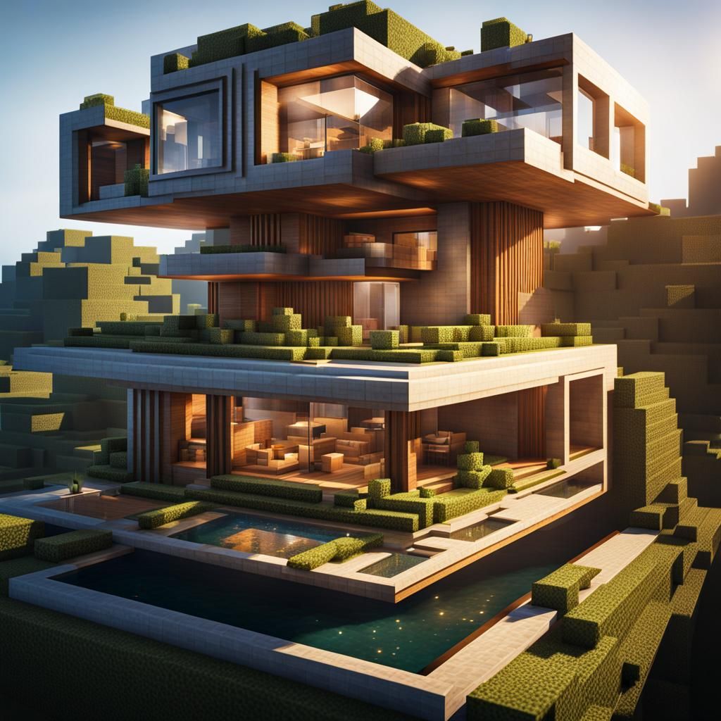 An abstract surreal architecture; minecraft house, photorealistic ...