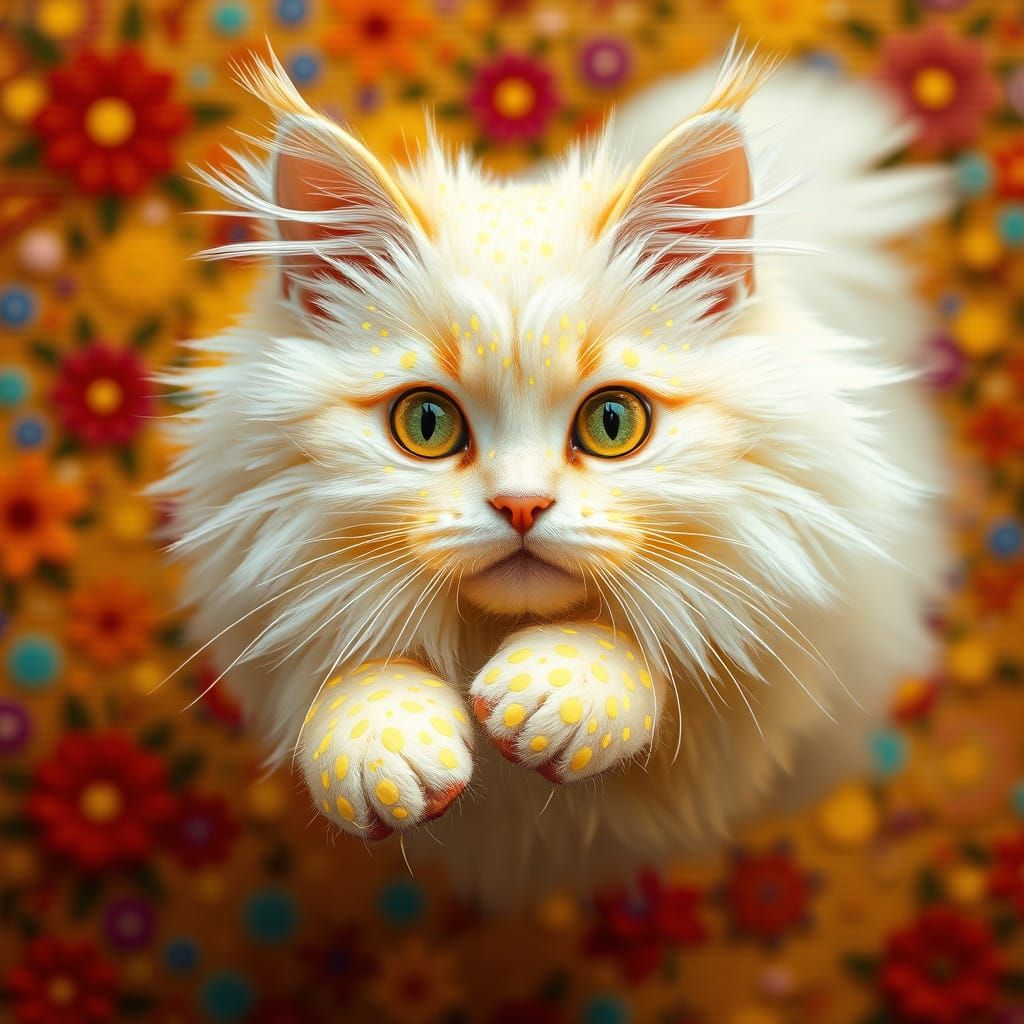 Angora cat - Vibrant Angora Cat in Whimsical Needlepoint Sce...