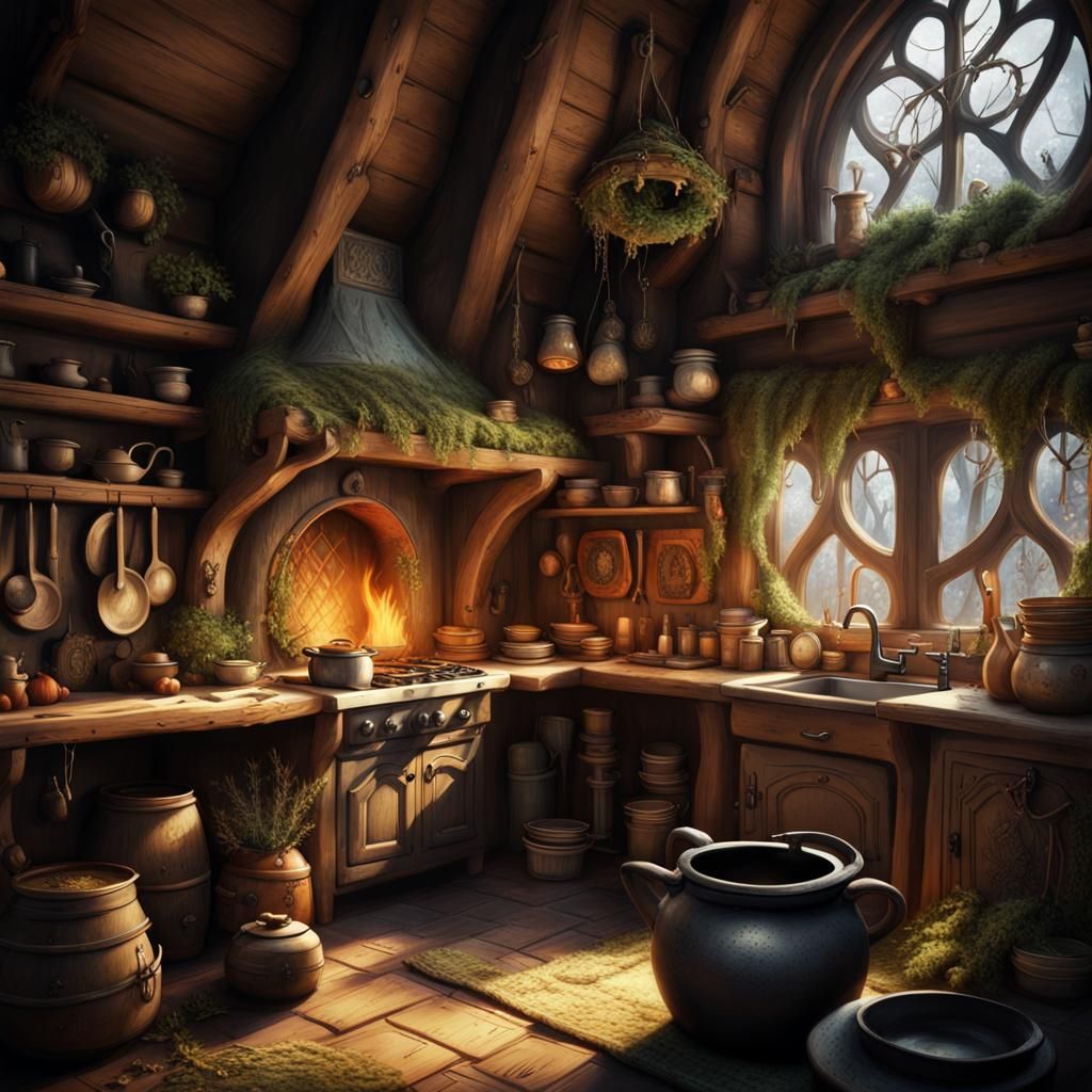 Medieval Fantasy concept art. Interior of a kitchen in a cozy hobbit ...
