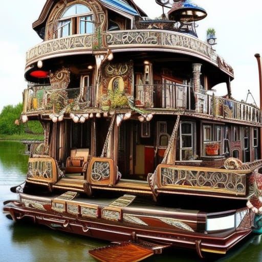 river gypsy houseboat armada, whimsical fantasy steampunk, detailed ...