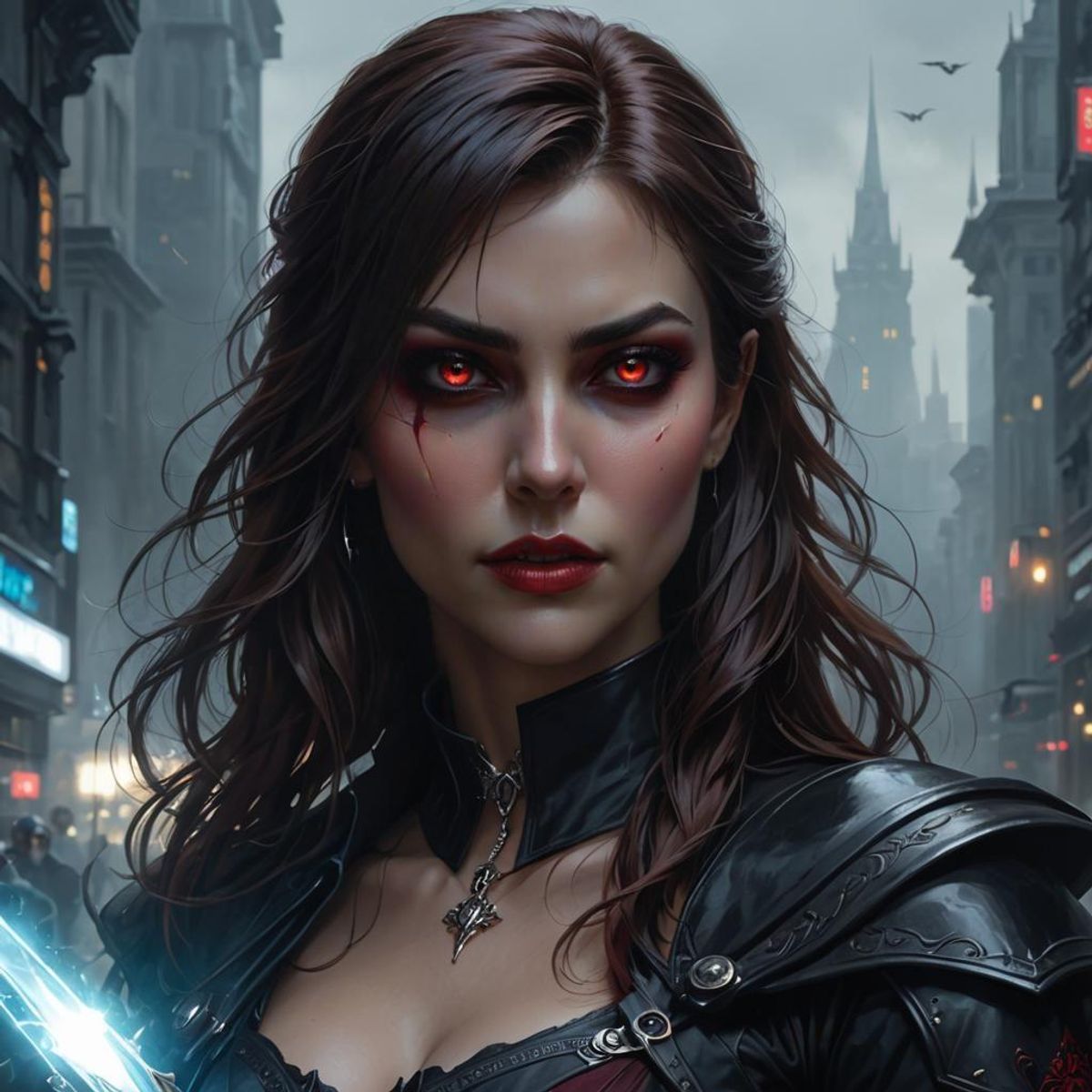 High sci-fi epic attractive female vampire assassin, long bangs that cover eyes, dark scenic ...