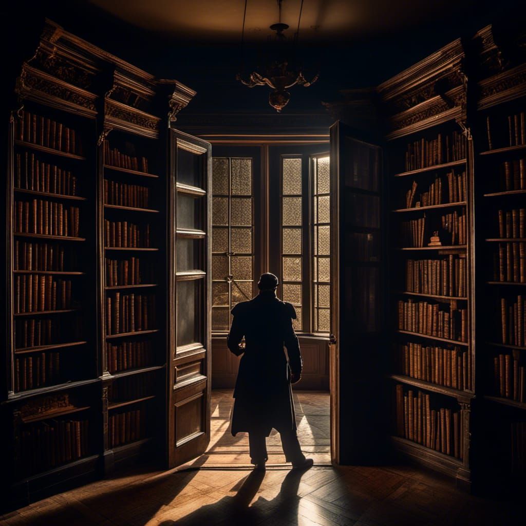 A shadowy figure peers from behind a partially open door in a dimly-lit ...