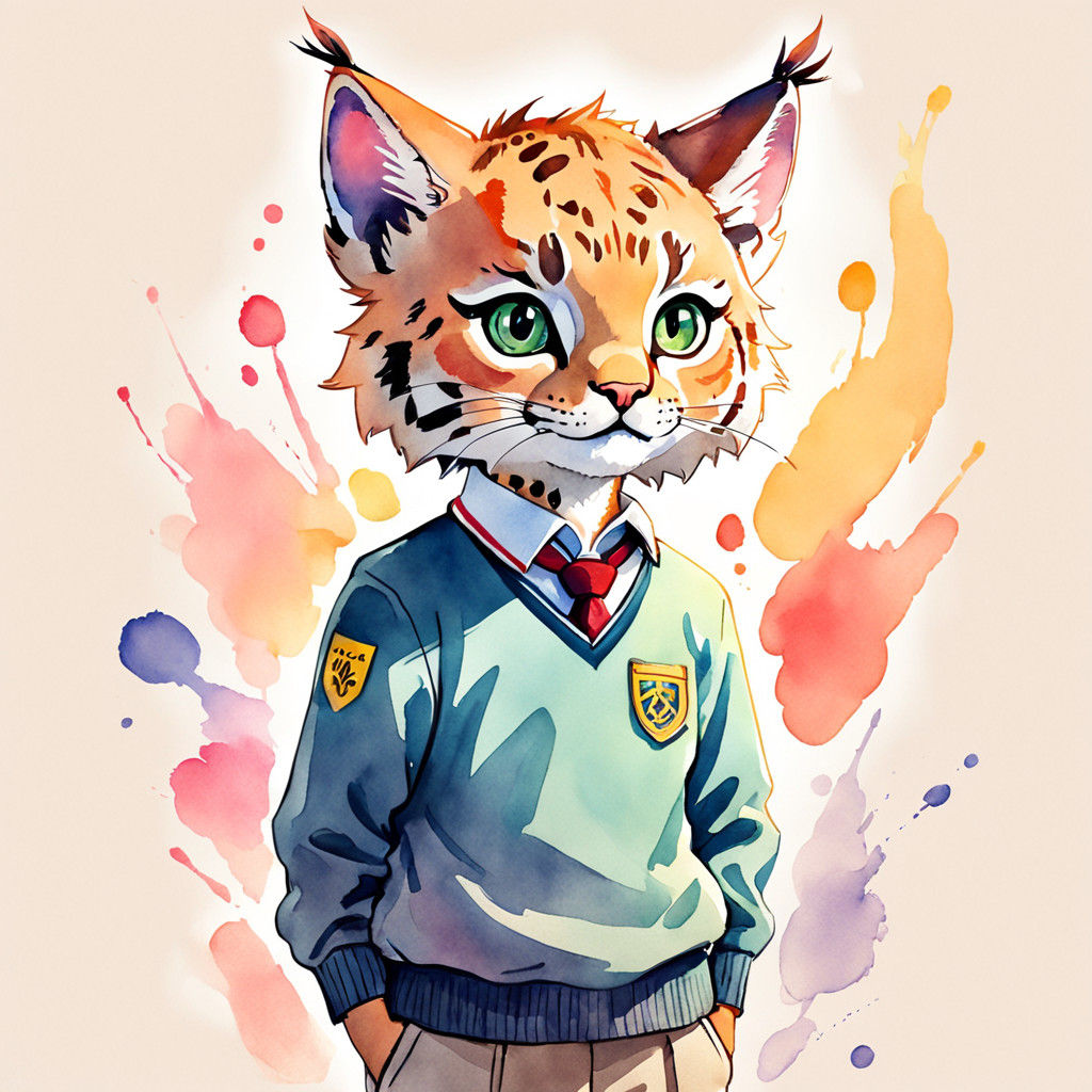 Whimsical Toy Lynx Cub in School Uniform, Watercol... - AI Art